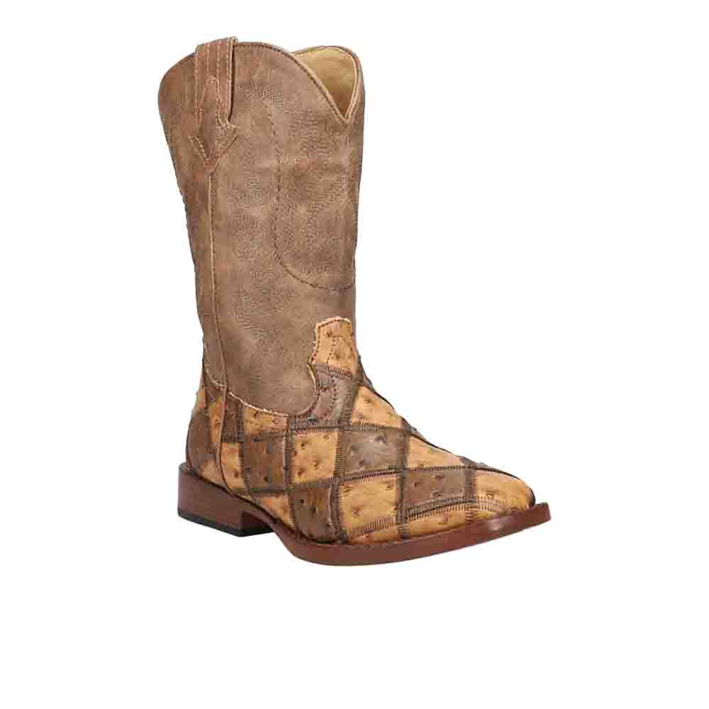 Shop Brown Boys Roper Bird Blocks Ostrich Square Toe Cowboy Boots (Big ...