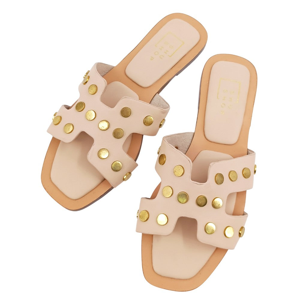 Shop Beige Womens Shu Shop Donatella Studded Flat Sandals – Shoebacca