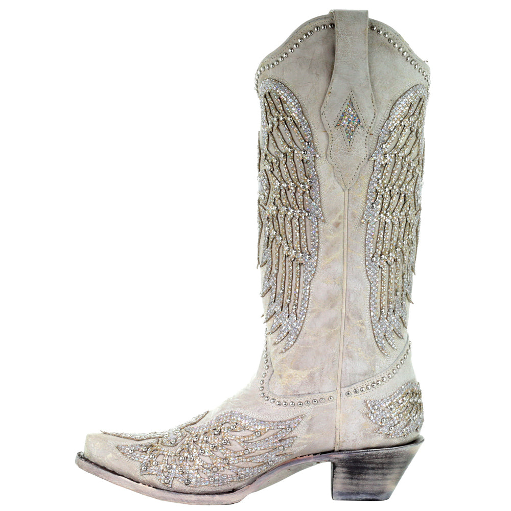 Shop Grey Womens Glitter Cross and Wings Snip Toe Cowboy Boots – Shoebacca