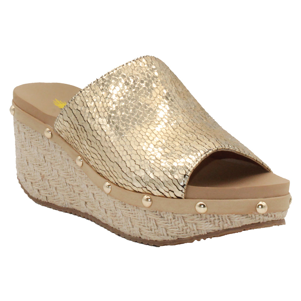 Shop Gold Womens Volatile Ravine Metallic Studded Wedge Sandals – Shoebacca